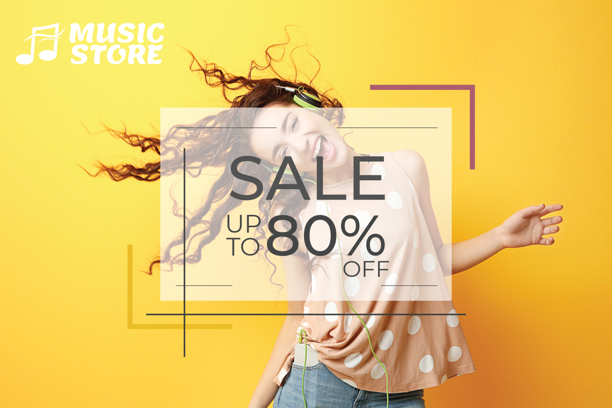 Music Store Sale Woman With Headphones Dancing Template | Square Signs