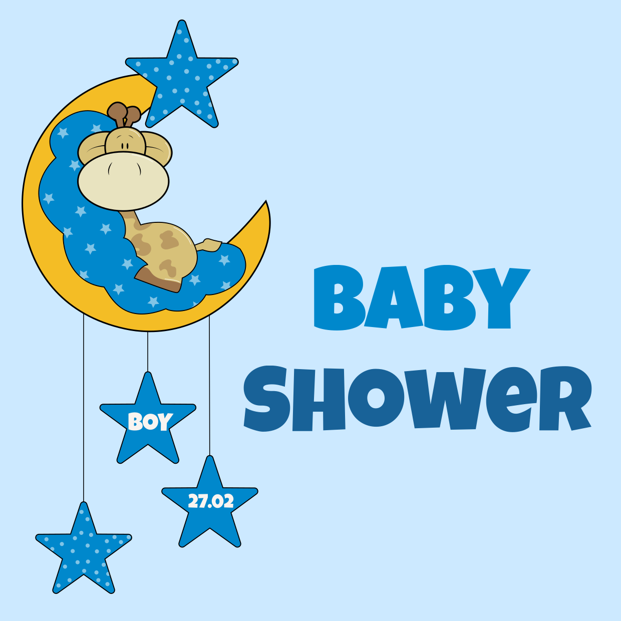 Blue Stars With Cartoon Giraffe Baby Shower Template | Square Signs