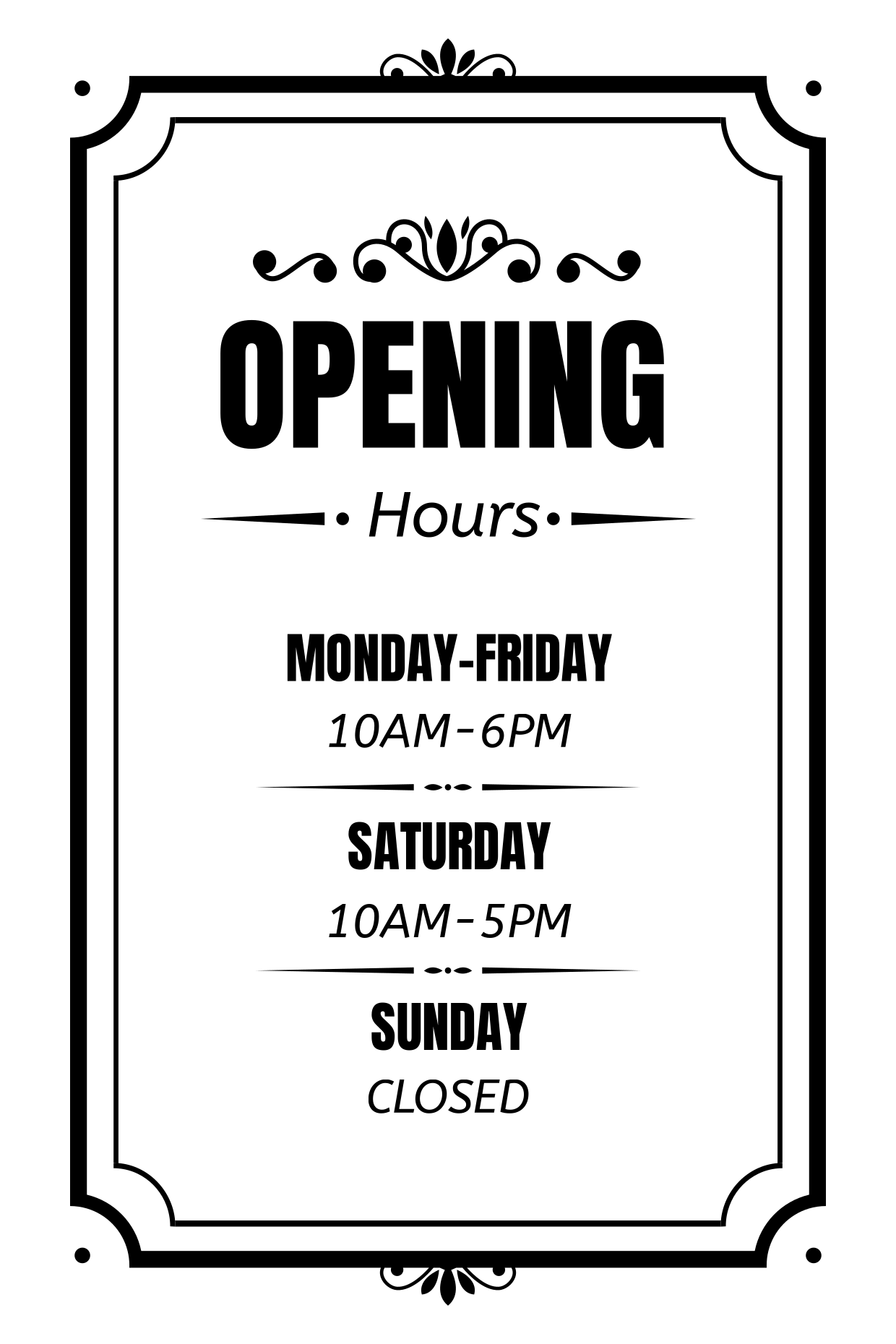Black and White Opening Hours Sign Template | Square Signs