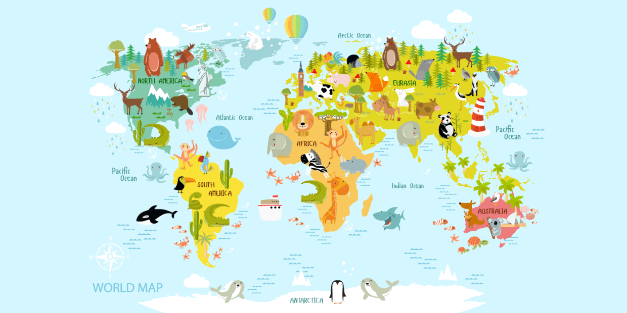 Animal Distribution World Map Educational Template | Square Signs