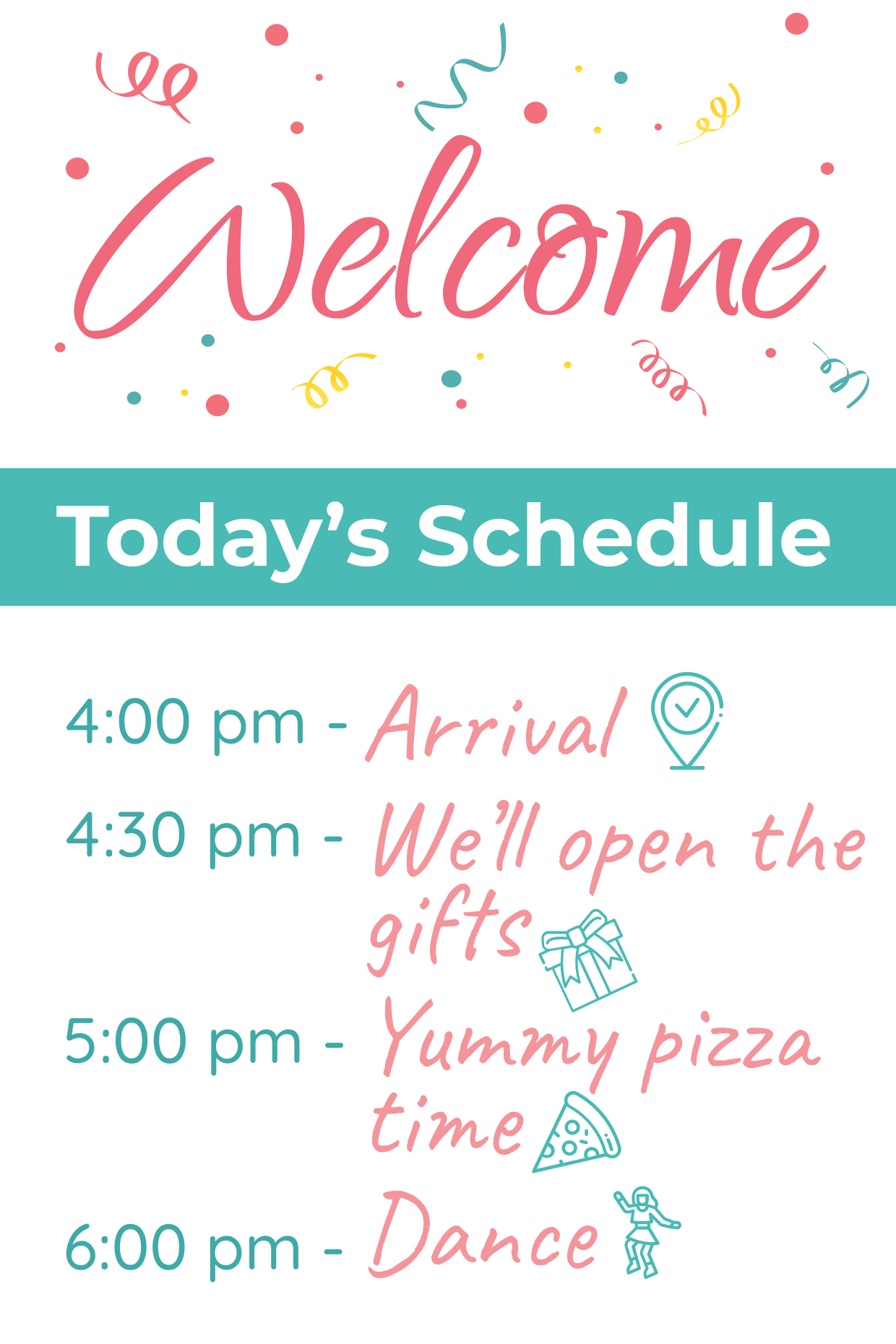 Colorful Welcoming Party Schedule Sign Template | Square Signs