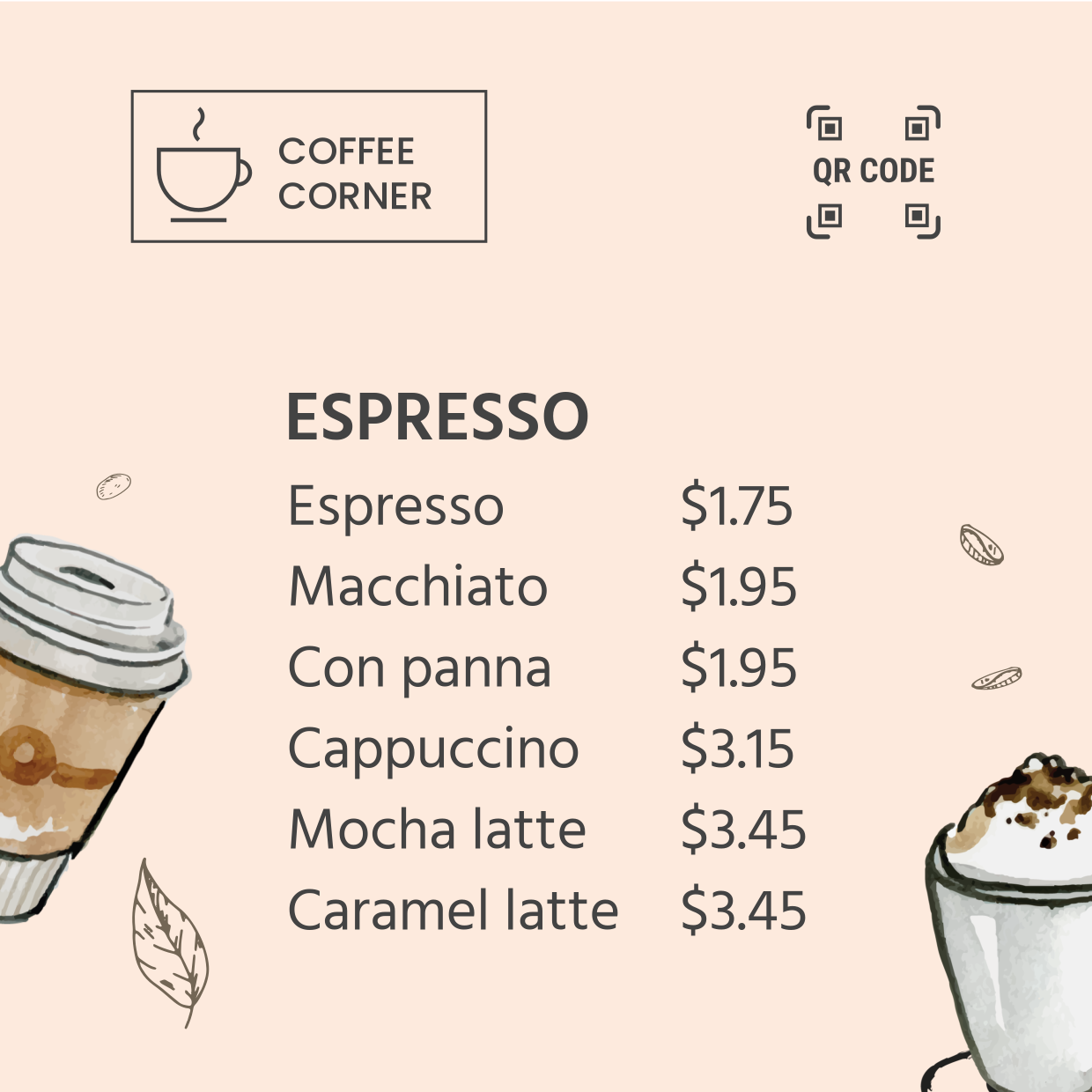 Cafe Menu With a List of Drinks Coffee Sign Template | Square Signs