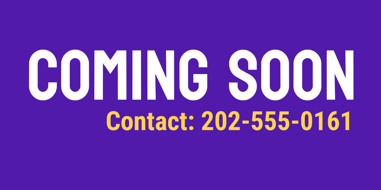 Purple Background Coming Soon with Contact Info Template | Square Signs