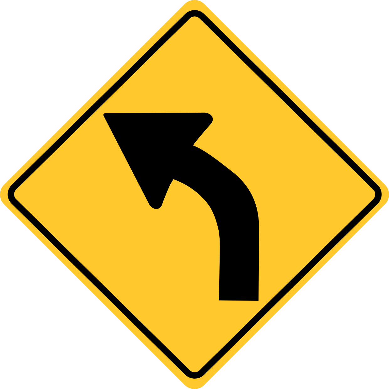 Yellow Dimond-Shaped Left Curve Arrow Sign Template | Square Signs