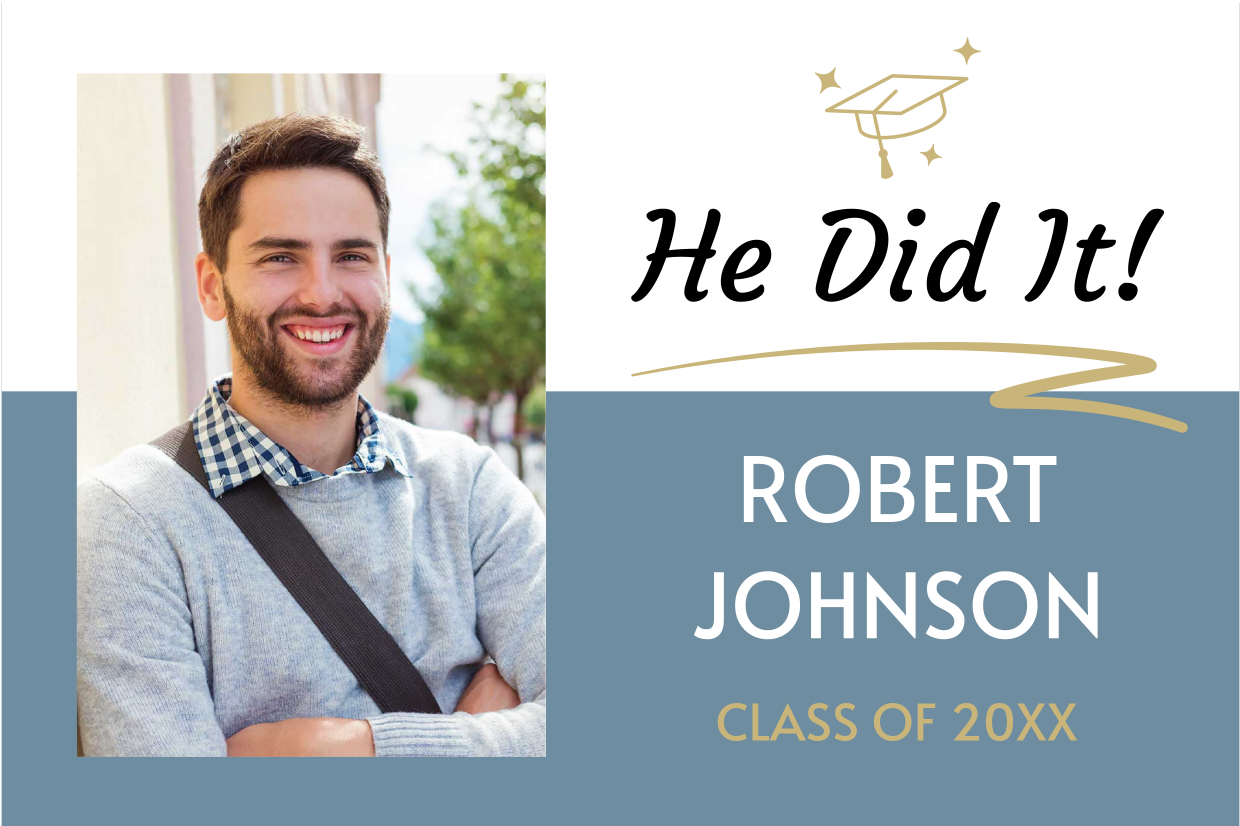 Happy Male Student on a Blue and White Graduation Template | Square Signs
