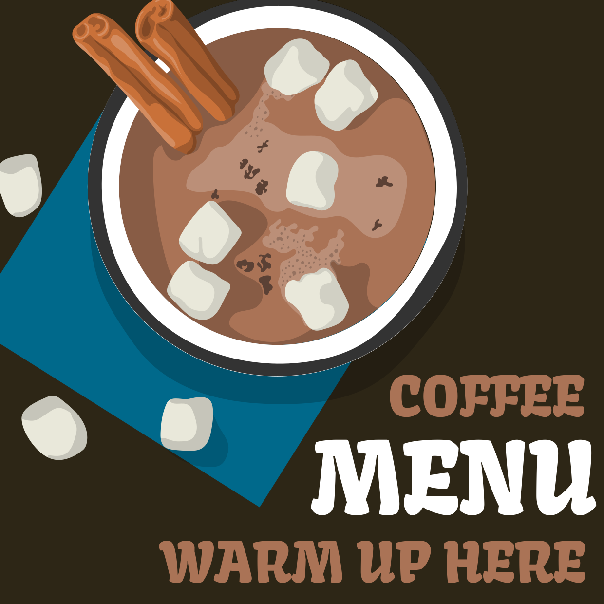 Hot Coffee Cup With Marshmallows Illustrated Menu Template | Square Signs