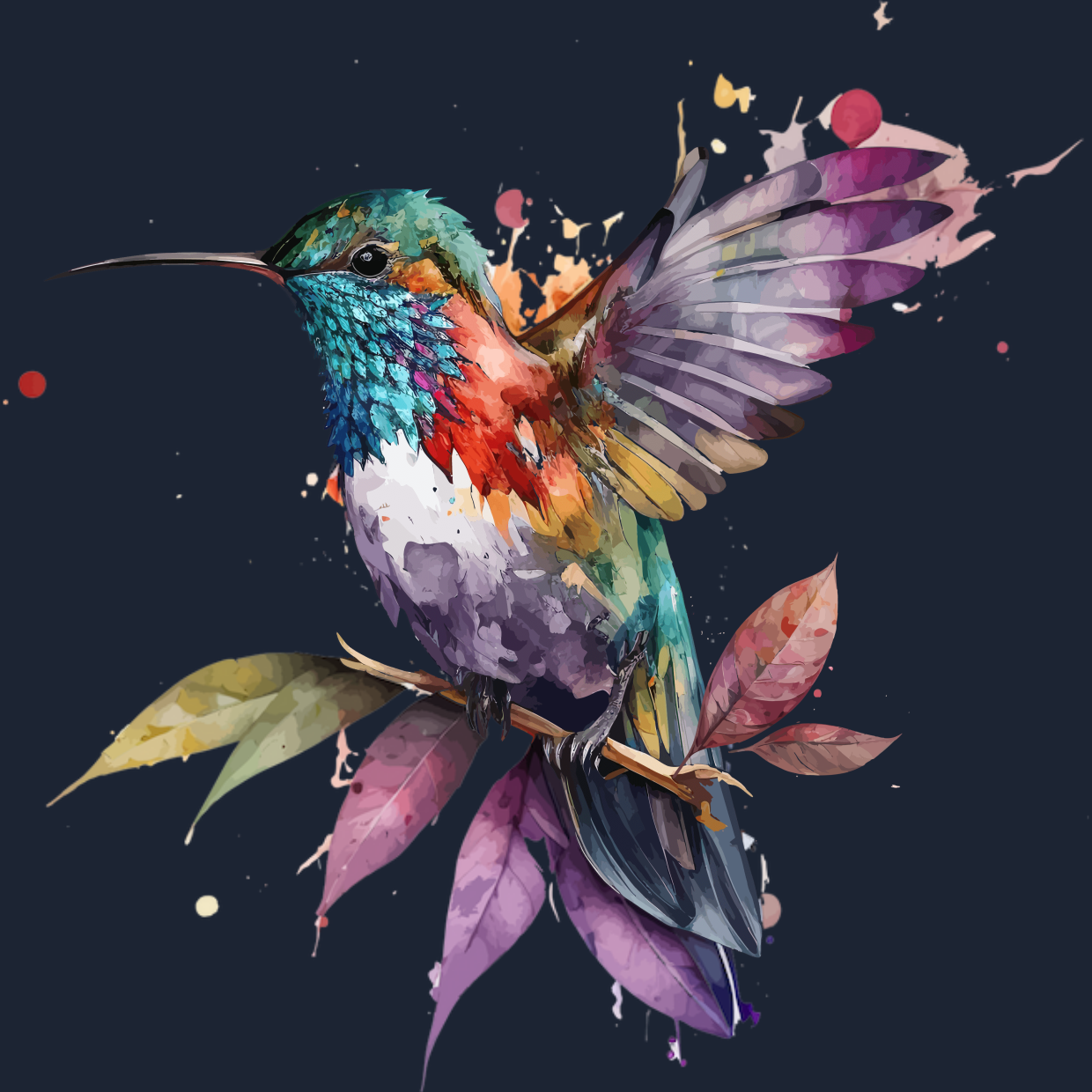 Colorful Painted Hummingbird on a Black Background Template | Square Signs