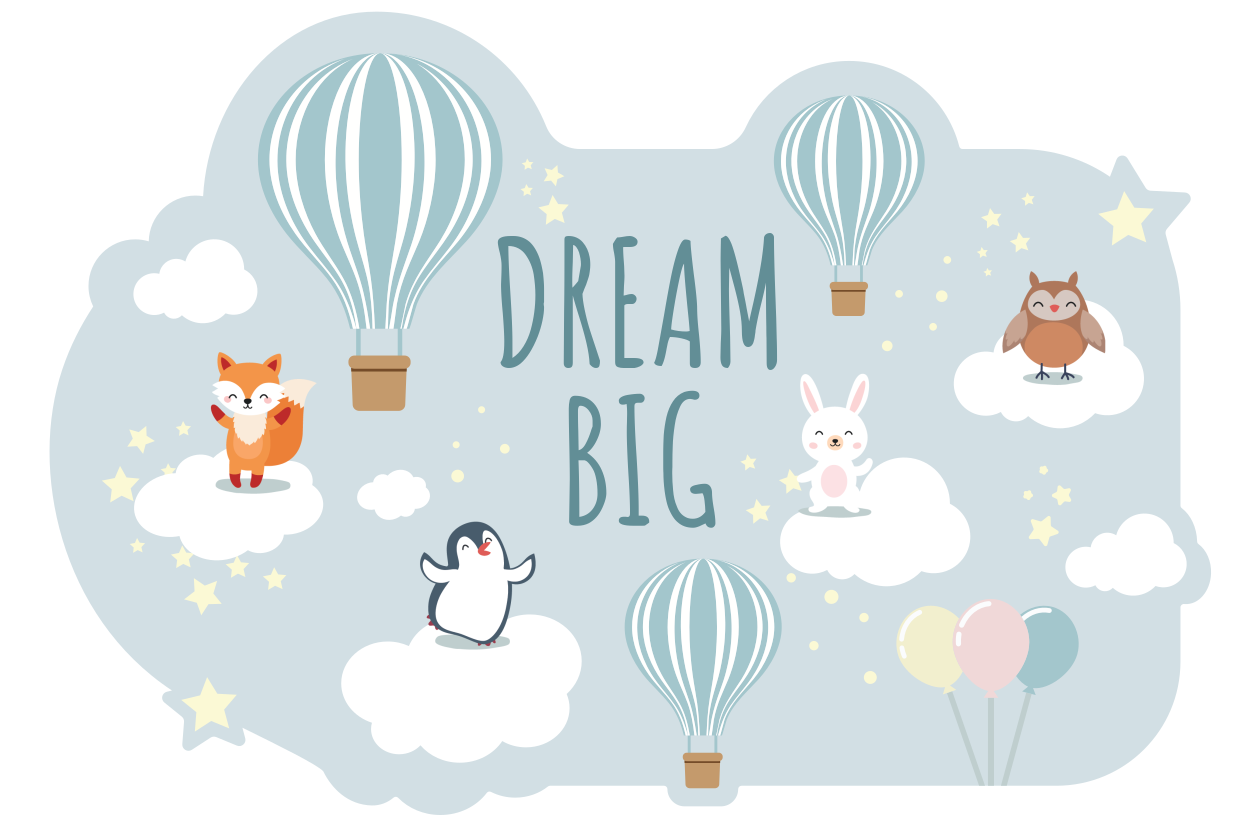 Dream Big Animal Characters With Air Balloons Sign Template | Square Signs