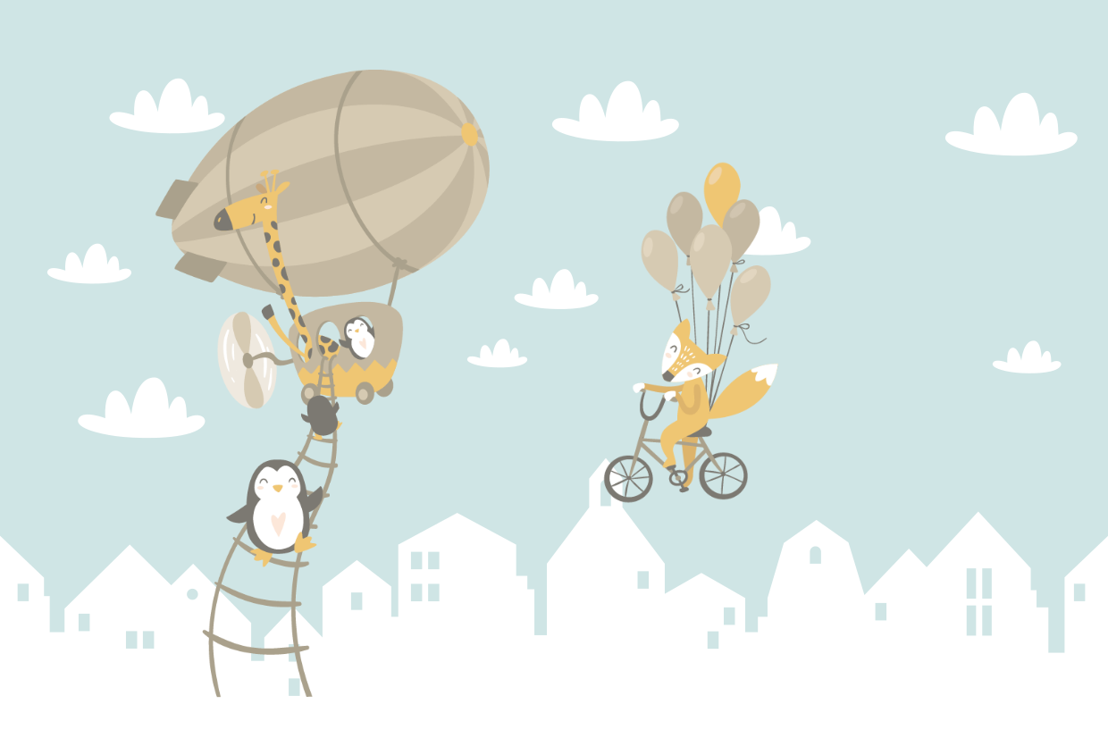 Penguins, Fox, Balloons and Blimp Cartoon Template | Square Signs