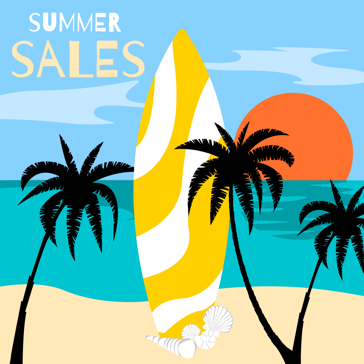 Surfboard and Palm Trees Summer Sale Sign Template | Square Signs