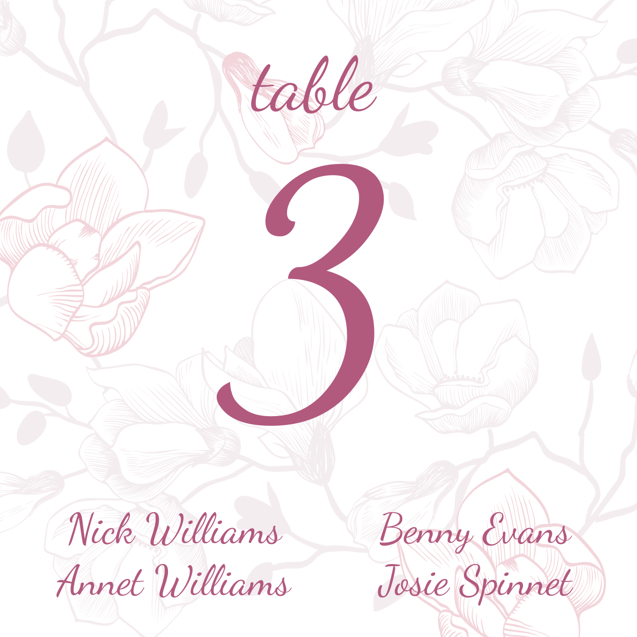 Floral Wedding Table Number With Guest Names Sign Template | Square Signs