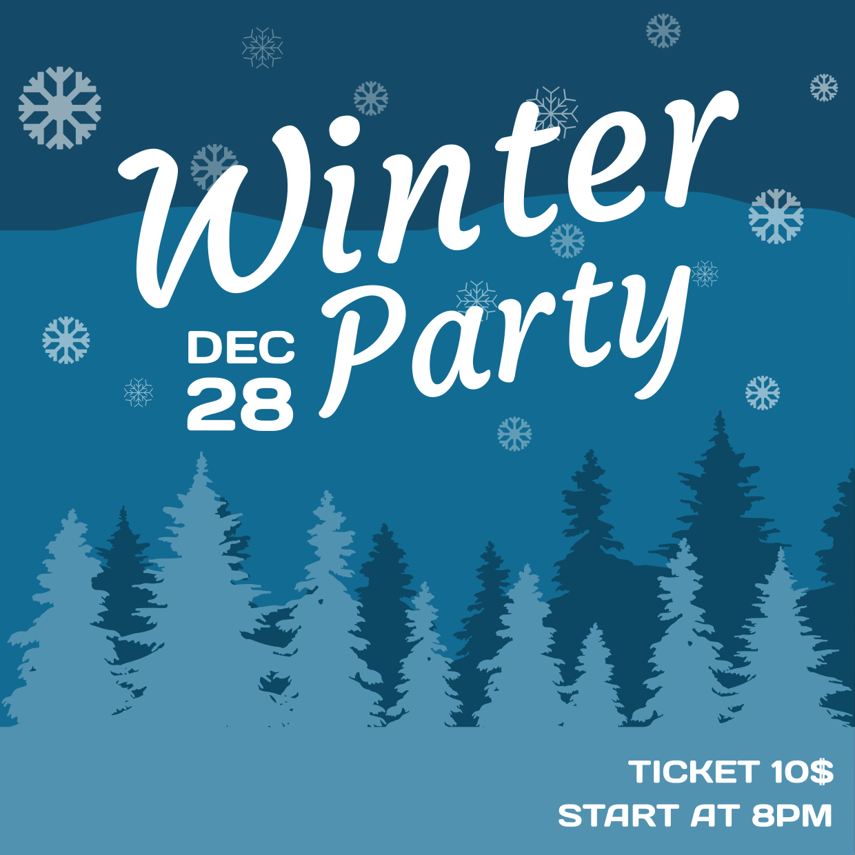Blue Tree-Patterned Winter Party Sign Template | Square Signs